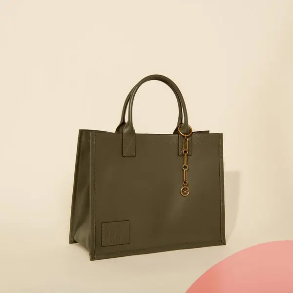 Sandro Leather Tote Bag With Chain In Olive Green - 75% Off